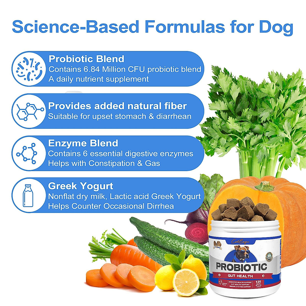 ColEaze Probiotics for Dogs, Organic Pumpkin with 6 Digestive Enzymes, Providing Probiotics for Gut Flora, Digestive Health, Occasional Diarrhea, 120 Count Chicken Flavor