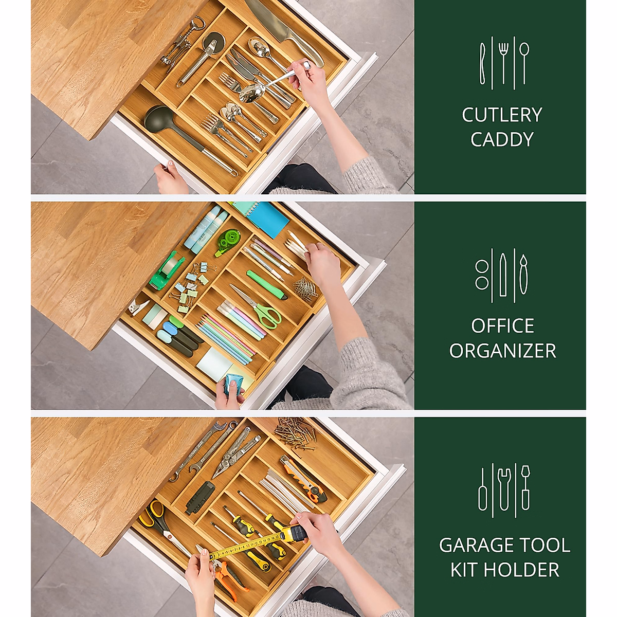 Luxury Bamboo Kitchen Drawer Organizer - Silverware Organizer - Utensil Holder and Cutlery Tray with Grooved Drawer Dividers for Flatware and Kitchen Utensils (9 Slot, Natural)