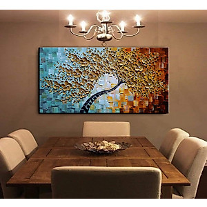 Tyed Art-24x48 Inch Golden Flower Paintings 3D Abstract Paintings Oil Hand Painting On Canvas Wood Inside Framed Ready to Hang Wall Decoration for Living Room Bed Room