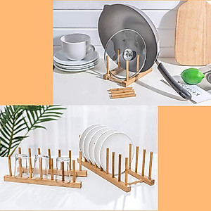 2PCS Bamboo Wooden Dish Rack, Plate Rack Stand Pot Lid Holder w/Holds 14 Plates, Kitchen Dish Plate Storage Cabinet Organizer Drainer w/ 7 Slots for Cup, Cutting Board, Bowl, Drying Rack and More