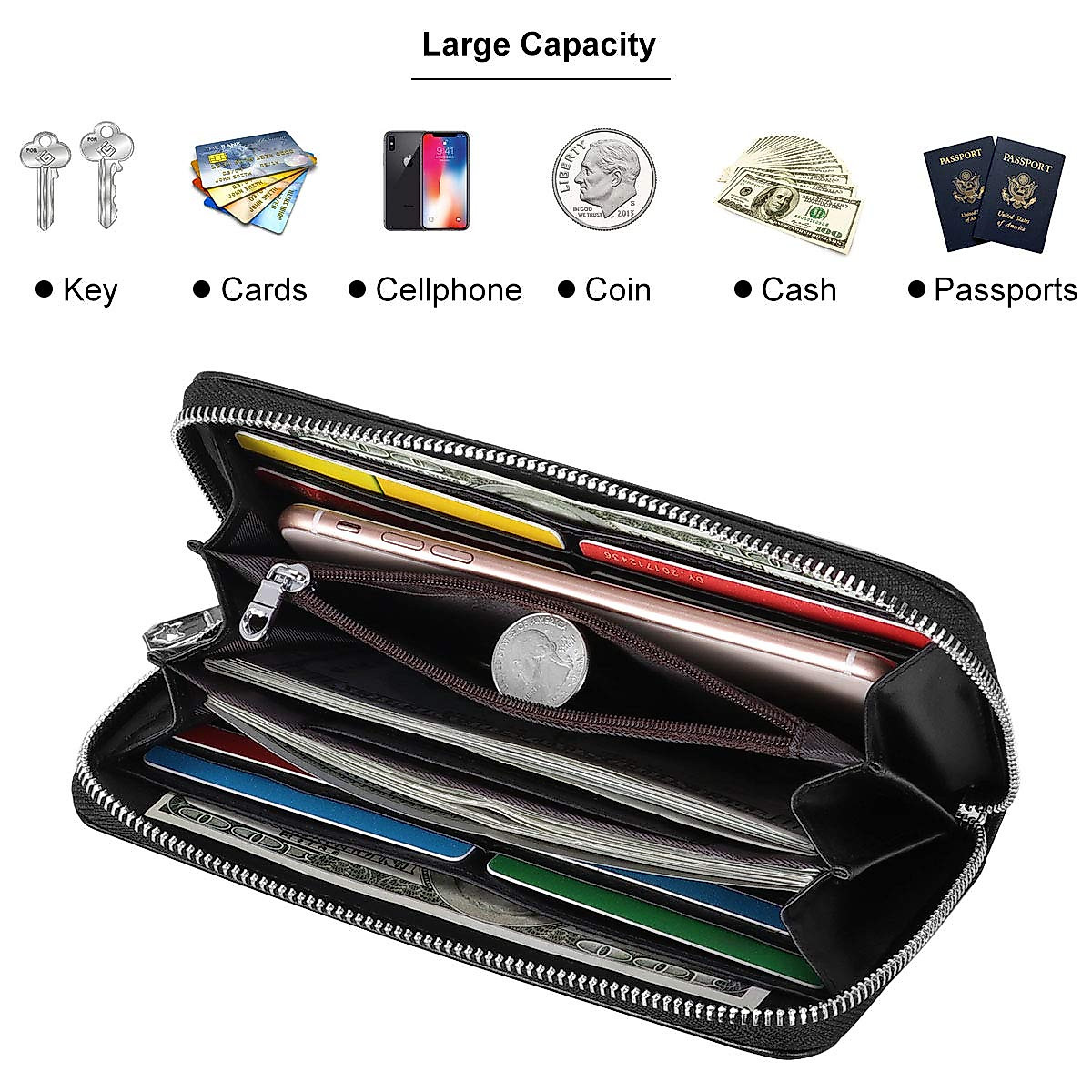 XEYOU Leather Wallets for Women RFID Blocking Zipper Around Credit Card Holder Cellphone Wallet for Women (Black)