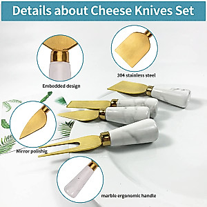 Funland 4PCs Gold Cheese Knife Spreader Set, Cute Butter Knife Slicer with Marble Handle, Cheese Spredering, Fruit Fork and Spatula for Jams - Cheese Board Accessories for Holiday, Weddings, Parties