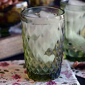 WHW Whole House Worlds Baroque Highball Tumbler Glasses, Set of 6, Translucent Green, Glass, Weighted, 12 Fluid ounces/ 300 ml, 5 Inches Tall, Faceted and Beaded Arabesque Patterns