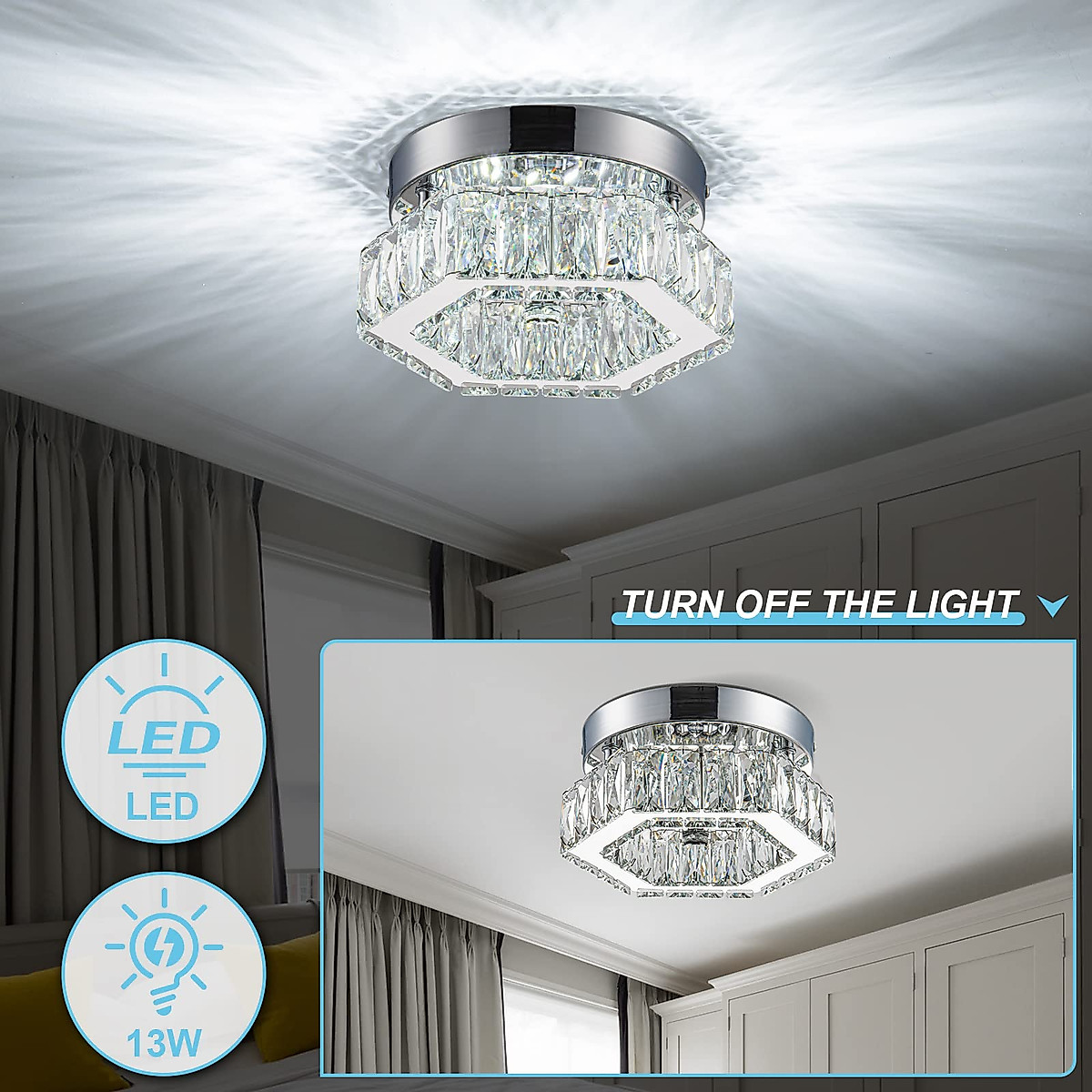 HomLaiting Mini Crystal Chandelier LED Flush Mount Ceiling Light Fixture, 7.8' x 3.94', Cool White for Bedroom, Hallway, Bathroom, Kitchen, Office