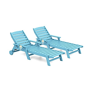 SERWALL Patio Chaise Lounge Chair Set of 2, 5 Positions Adjustable HDPE Outdoor Lounge Chair for Pool, Poly Lounge Chair with Rolling Wheels & Cup Holder for Poolside, Deck, Light Blue