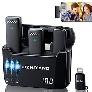 CZhiyang 2 Wireless Lavalier Microphone for Android iPhone iPad, 2.4G Wireless Microphone for Android with 30Hours Charging Case for TikTok YouTube Interview Vlog, Plug-Play,Noise Reduction