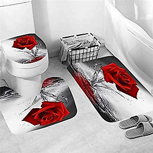Romantic Red Rose Bathroom Sets with Rugs and Accessories Red Rose Bath Mat,Toilet Lid Cover,U-Shaped Mat 4pcs,Waterproof Fabric Bathroom Shower Curtain Sets for Decor