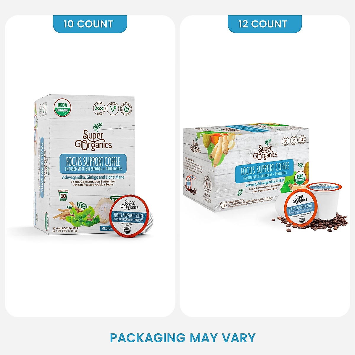 Super Organics Focus Support Coffee Brew Cups With Superfoods & Probiotics, Keurig K-Cup Compatible, Adaptogens, Medium Roast, USDA Certified, Vegan, Non-GMO, 10 count