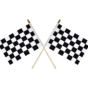Uelfbaby 12Pcs 8x12 Inch Checkered Black and White Racing Flags NASCAR Flags on Stick, Formula One F1 Racing Flags Hand Held Stick Flags with Kid-Safe Spear Top, Children's Party Decoration