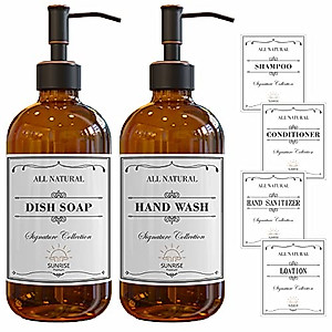 Sunrise Premium 2 Pack Amber Glass Soap Dispenser 16 OZ with Oil Rubbed Bronze Stainless Steel Pump, Hand and Dish Soap Dispenser Set for Bathroom and Kitchen Sink with 6 Waterproof Labels