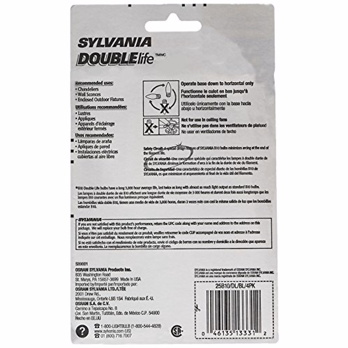 SYLVANIA LIGHTING 13331 25W B10 Dbl Life Bulb (4 Pack), Clear