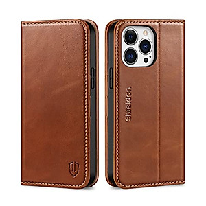 SHIELDON Case for iPhone 13 Pro Max 5G, Genuine Leather Folio Wallet Magnetic Shock Absorbing Case RFID Blocking Credit Card Holder Kickstand Compatible with iPhone 13 Pro Max 6.7" - Retro Brown
