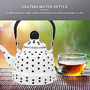 YARDWE Enamel Teapot Stovetop Tea Kettle: Porcelain Enameled Teakettle Dot Pattern Hot Water Kettle Pot for Camping Home Kitchen 1. 1L White