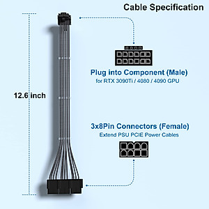 Agtray PCI-e 5.0 Cable Extender 90 Degree Angle, 12VHPWR Connector 16Pin(12+4) Male to 3x8Pin Female 16AWG Sleeved Power Extension Cord with Cable Combs for RTX 4090/4080/3090Ti (12.6in, Black)
