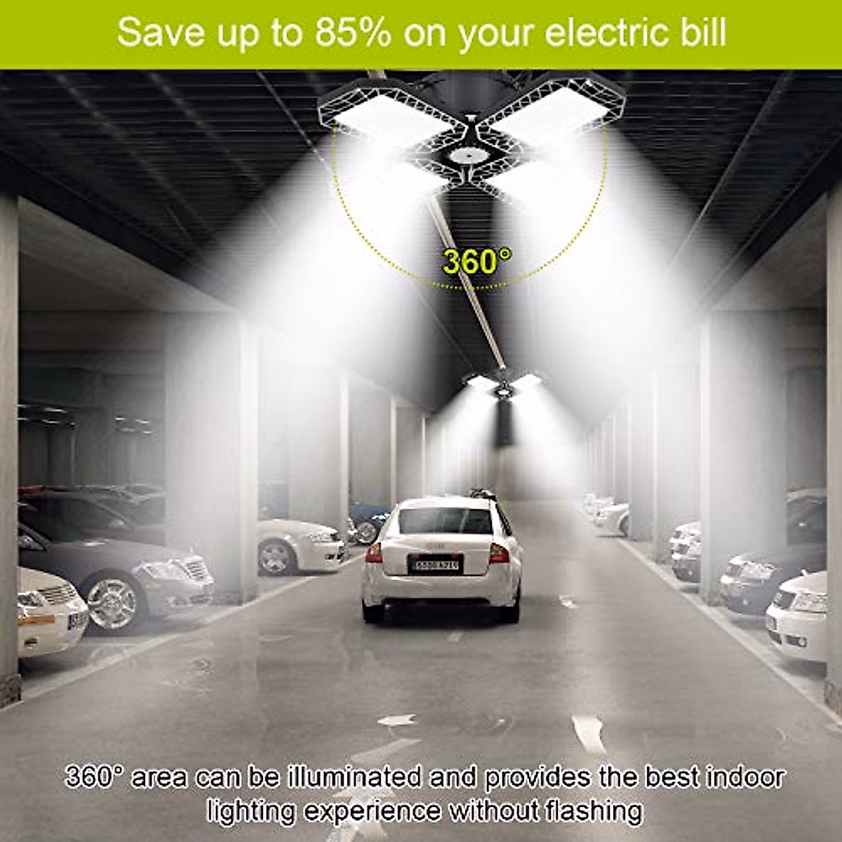 Mefflypee 2 Pack LED Garage Lights, 120W Deformable LED Garage Ceiling Lights with 4 Adjustable Panels, 12000LM E26 LED Shop Lights for Garage, Basement, Barn, High Bay Light (2 Pack)