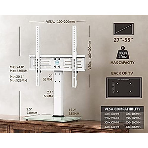 FITUEYES Universal TV Stand Table Top TV Stand for 27-55 inch LCD LED TVS Height Adjustable TV Base with Tempered Glass Base Wire Management VESA 400x400mm Holds 88 Pounds, White