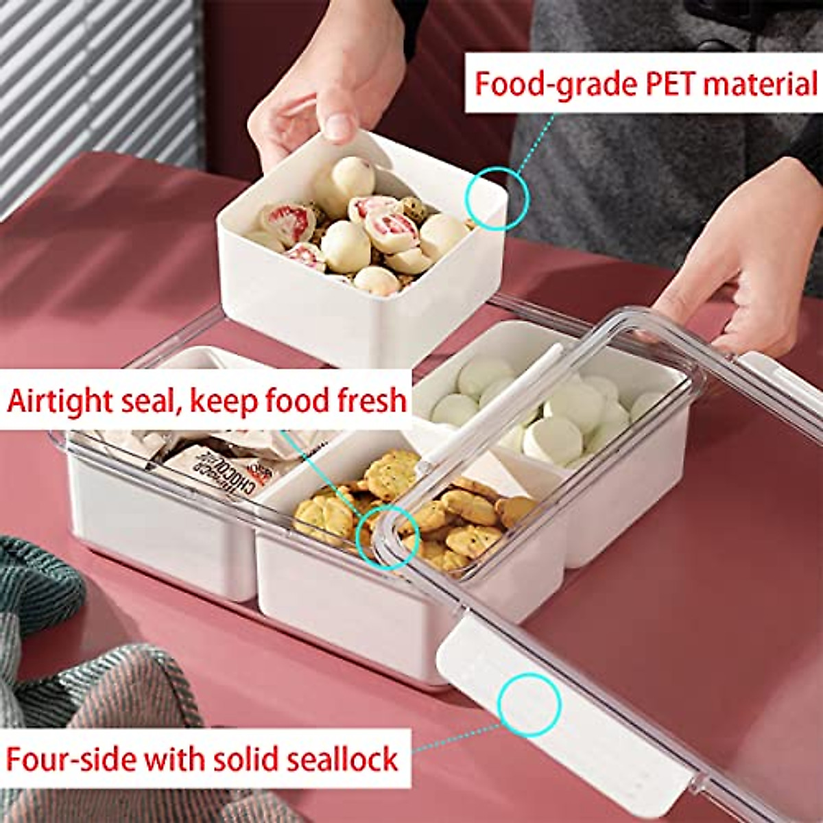 MineSign 2Pack Divided Veggie Tray with Lid for Snack Serving Container Salad Keeper with 4 Removable Boxes Stackable Refrigerator Organizer Bins Produce Saver for Meal Prep Fruit
