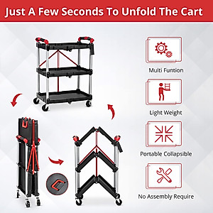 Portable Folding Service Cart,PioneerWorks 3 Tier Collapsible Push Cart,56 lbs Load Capacity/Shelf.Lockable Wheels,Ideal Rolling Tool Storage Organizer for Garage,Workshop & Industrial Use.