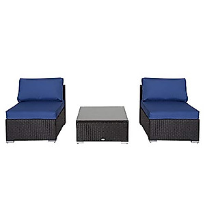 Elesuli 3 PCS Outdoor Patio Loveseat Furniture Couch Set with Glass Table Outdoor Conversation Sets Wicker Love Seat All-Weather Rattan Sofa Sectional for Garden Balcony, Dark Blue