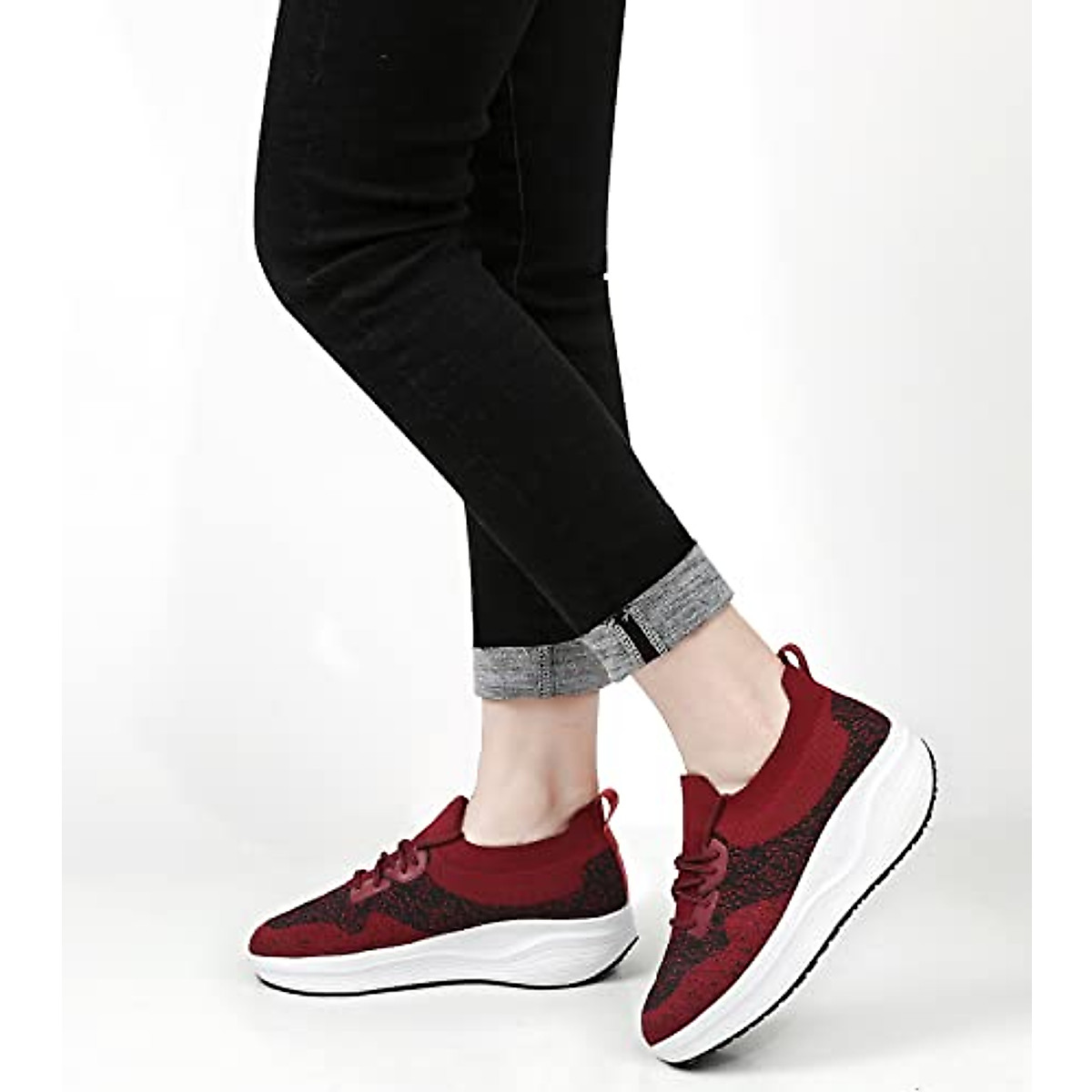DADAWEN Women's Walking Shoes Sock Sneakers Mesh Slip On Comfort Lightweight Lady Girls Wedge Platform Athletic Shoes Wine Red US Size 9