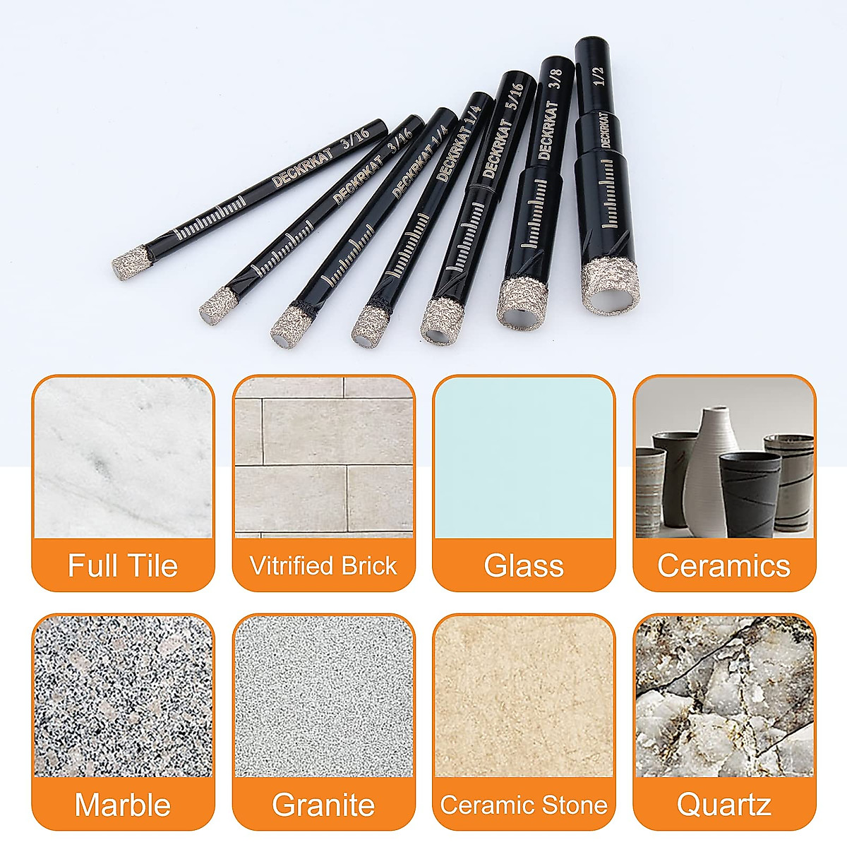 7 Piece Diamond Drill Bits Set, Core Drill Bits for Hard Materials - Tiles Ceramics Glass Stones – Built in Coolant, Fast Dry Drilling - Sizes 3/16" 1/4" 5/16" 3/8" 1/2" - Round Shank, Storage Case