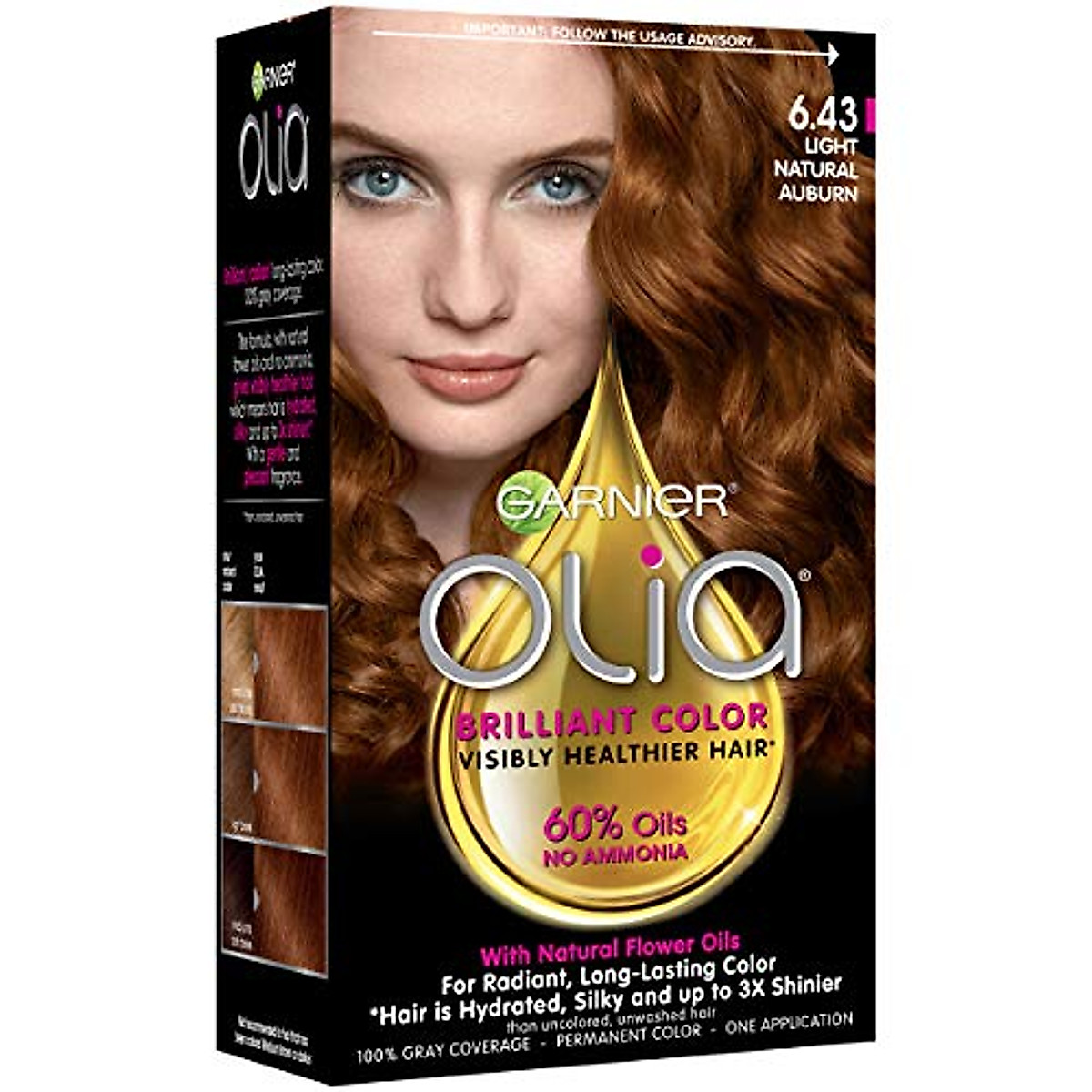 Garnier Olia Ammonia Free Permanent Hair Color, 100% Gray Coverage (Packaging May Vary), 6.43 Light Natural Auburn, Red Hair Dye, Pack of 1