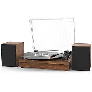 WOCKODER Record Player with Speakers, 3-Speed Vinyl Record Player with Dual Stereo Speakers Support Wireless Connection RCA Output Aux in USB Vintage Design Turntable Redbrown, R612