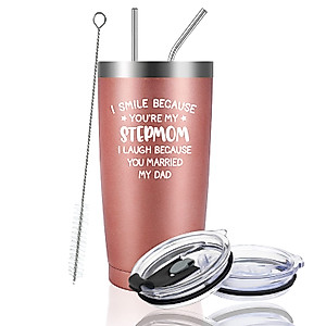 Lifecapido Stepmom Gift, Stepmom 20oz Tumbler with Lid and Straw, I Smile Because You Are My Stepmom Stainless Steel Travel Tumbler, Mother’s Day Gift Birthday Gift for Stepmom Bonus Mom, Rose Gold