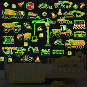 Gersoniel Glow in The Dark Truck Stickers Construction Wall Decals Cartoon Wall Stickers Truck Car Excavator Decorative Wall Stickers Glowing Construction Wall Stickers for Bedroom Nursery