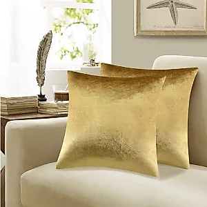 GIGIZAZA Gold Velvet Decorative 20x20 Throw Pillow Covers for Sofa Bed 2 Pack Soft Cushion Cover