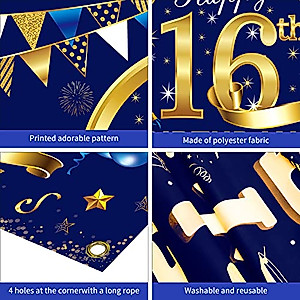 Happy 16th Birthday Banner Decorations for Boy - Blue Gold 16 Birthday Backdrop Party Supplies Decor - Sixteen Birthday Poster Photo Props Brackground Sign