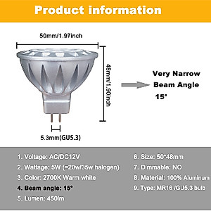 ALIDE MR16 Led Bulbs 15 Degree 15° Narrow Beam Angle,GU5.3 MR16 20W 35W Halogen Equivalent,5W,450LM,2700K Soft Warm White,12V Low Voltage MR16 Led Bulbs for Landscape Ceiling Track Lighting,6Pack