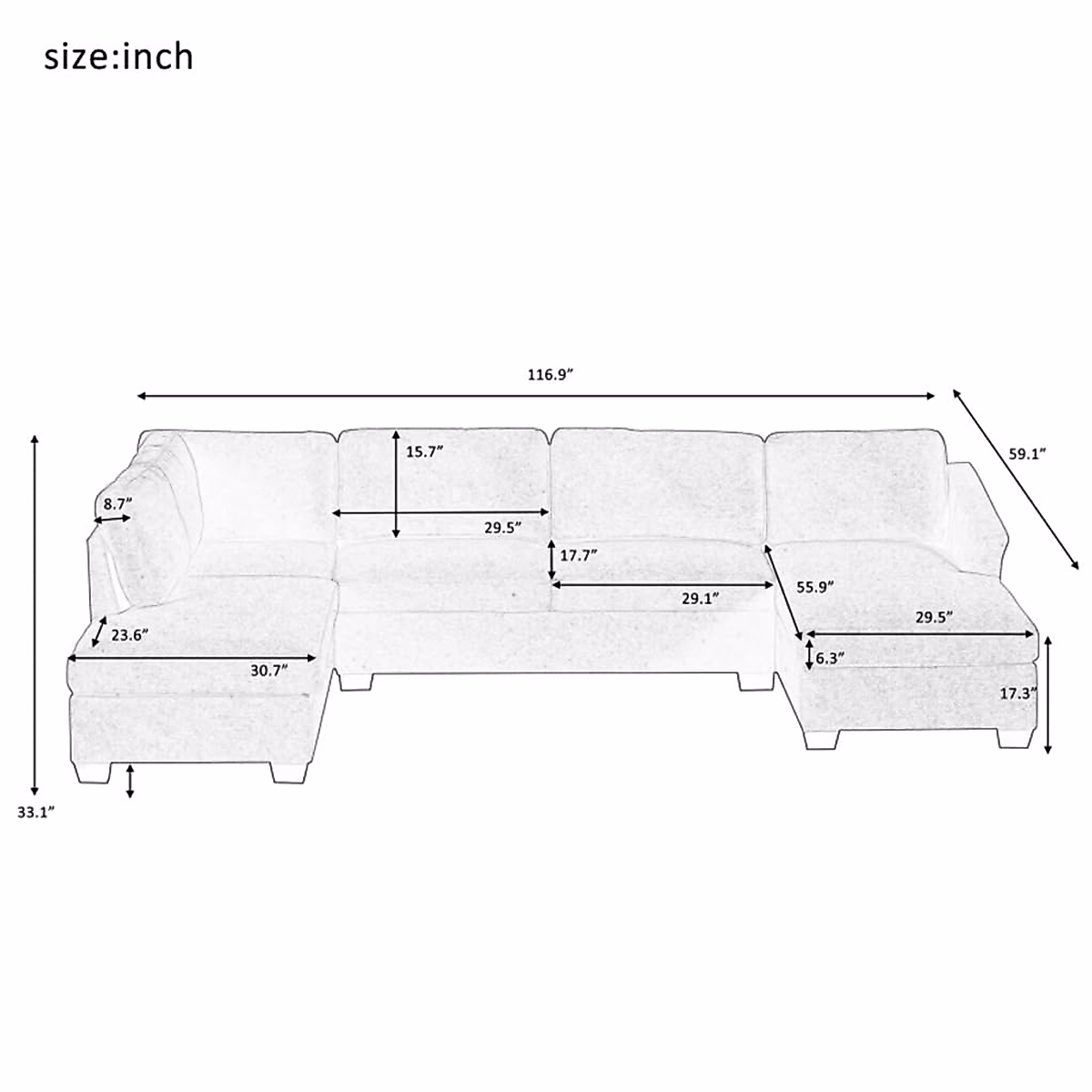 FANCUF Large U-Shape Sectional Sofa, Extra Wide Chaise Lounge Couch, Grey, Suitable for Living Rooms, Apartments