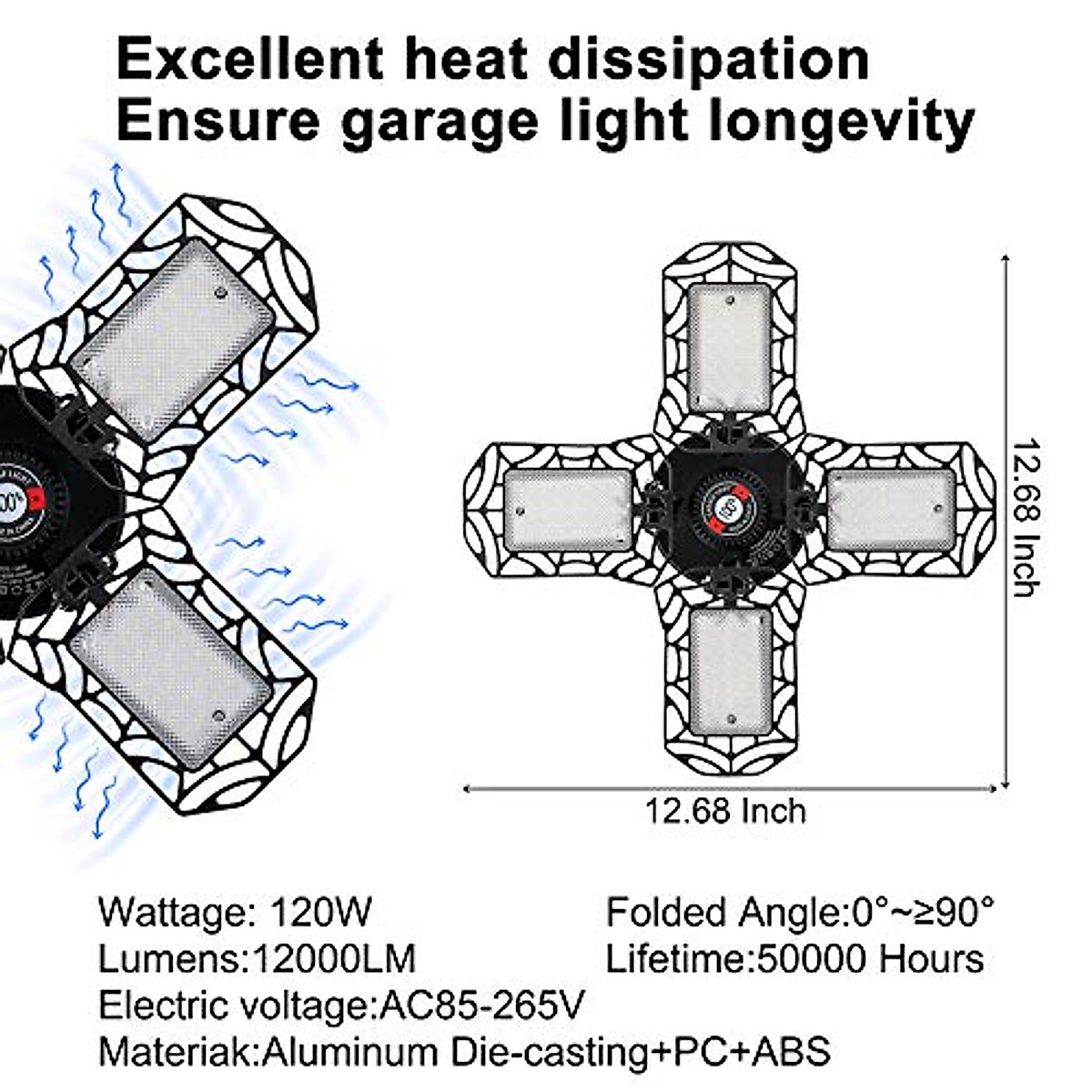 Garage Lights Ceiling LED, Deformable Garage LED Bulb Light 120W 12000 Lumen E26 with 4 Adjustable LED Panels for Shop Light Warehouse, Barn, Workshop and Yard (NO Motion Activated) (Aluminum(1 Pack))