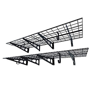 FLEXIMOUNTS 2-Pack 2x6ft Garage Shelving with Hooks 24-inch-by-72-inch Wall Shelf Garage Storage Racks Floating Shelves, Black