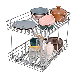TQVAI 2 Tier Pull Out Cabinet Organizer, Sliding Out Under Sink Cookware Organizer, Wire Shelf Storage Basket for Kitchen Bathroom - 14" W x 21" D x 16-3/8"H, Request at Least 15 Inch Cabinet Opening