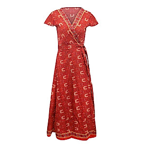 Casual Summer Dresses for Women 2023 Ladies Summer Casual V Neck Floral Print High Waist Belt Short Sleeve Hem Slit Wrap