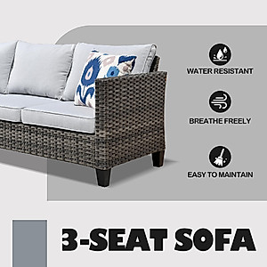 CAODOC 4 Pieces Wicker Patio Furniture Set,PE Rattan Outdoor Conversation Sofa Set with 30inch Fire Pit Table, Non-Slip Cushions and Swivel Chair(Grey)