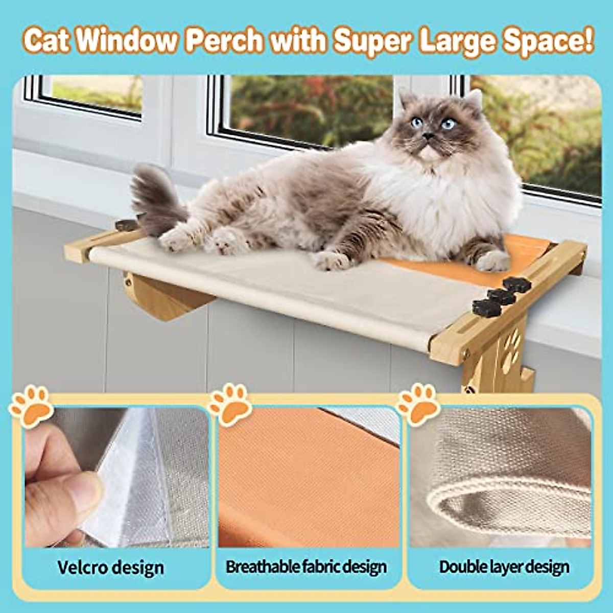 Cat Window Perch Sturdy Cat Window Hammock with Wood and Metal Frame-No Drilling Required-Multiple Ways to Use-Cat Bed for Windowsill,Floor,Bedside or Cabinet-Suitable for Large Cat or Fat Cats-(M)