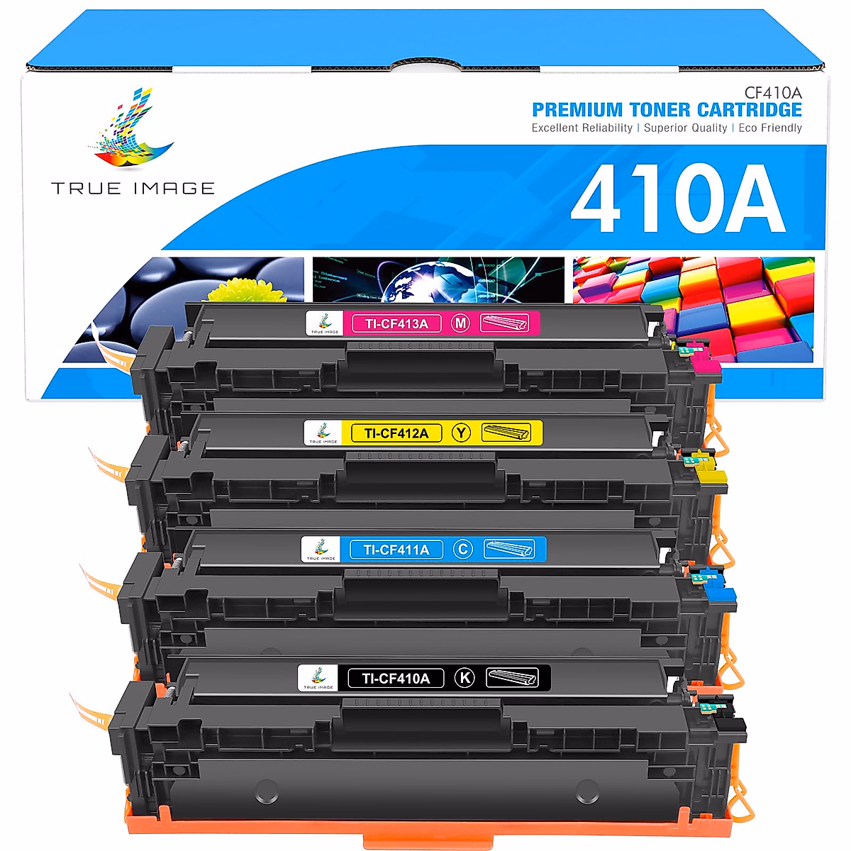 TRUE IMAGE Compatible Toner Cartridge Replacement for HP 410A 410X CF410A CF411A CF412A CF413A Color Pro MFP M477fnw M477fdw M477fdn M452dn M452nw M477 Printer (Black Cyan Yellow Magenta, 4-Pack)