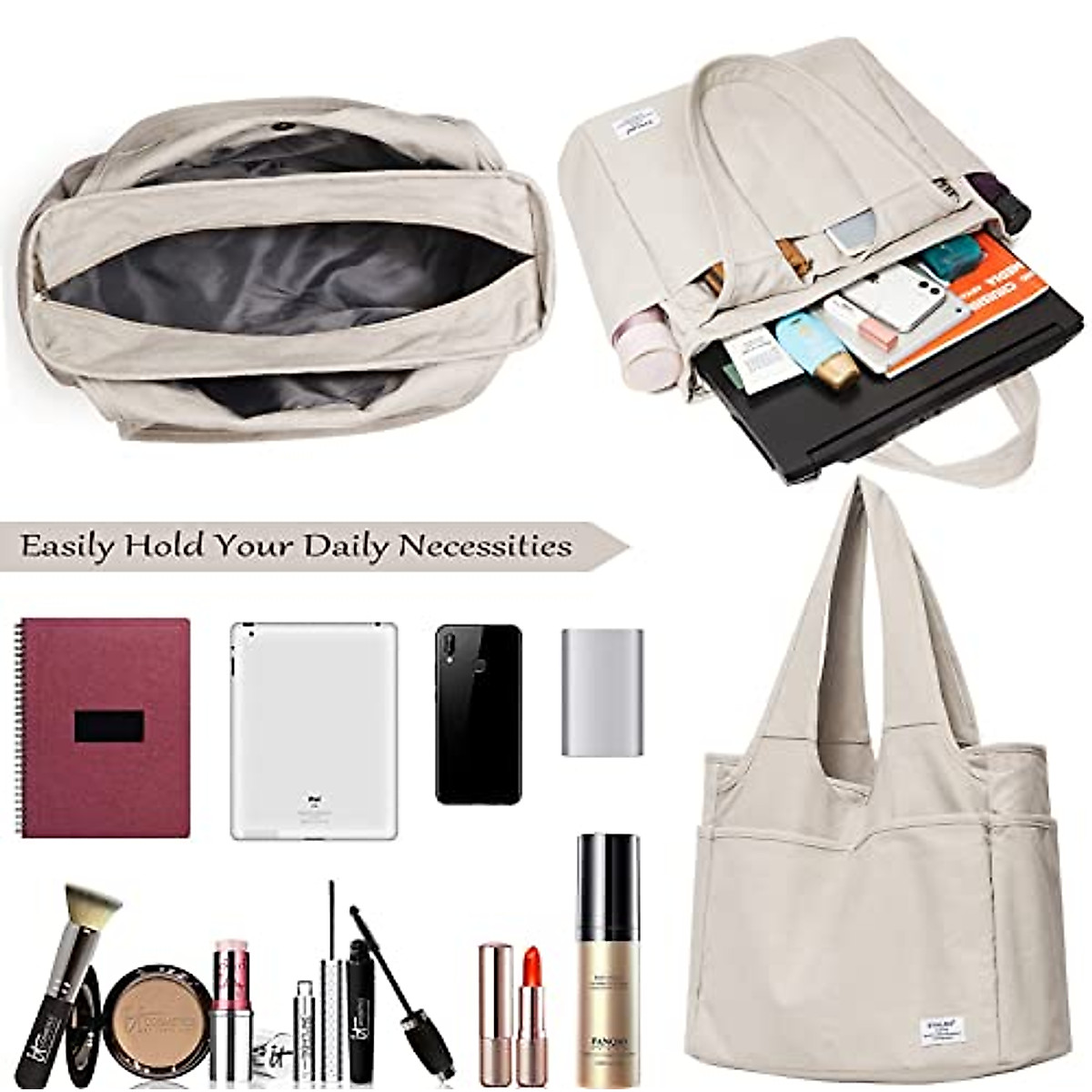 KYALOU Large Canvas Tote Bag for Women & Men, Casual Shoulder Bags with 13 Exterior & Interior Pockets for Work School Gym Beach Travel Shopping Grocery (Light Gray)