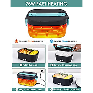 Xflyee 75W Electric Lunch Box Food Heater, 12V/110V Upgraded Leakproof Heating Lunch Box for Work/Car/Truck/Office with 1.5L Removable Stainless Steel Container, Fork & Spoon and Insulated Carry Bag