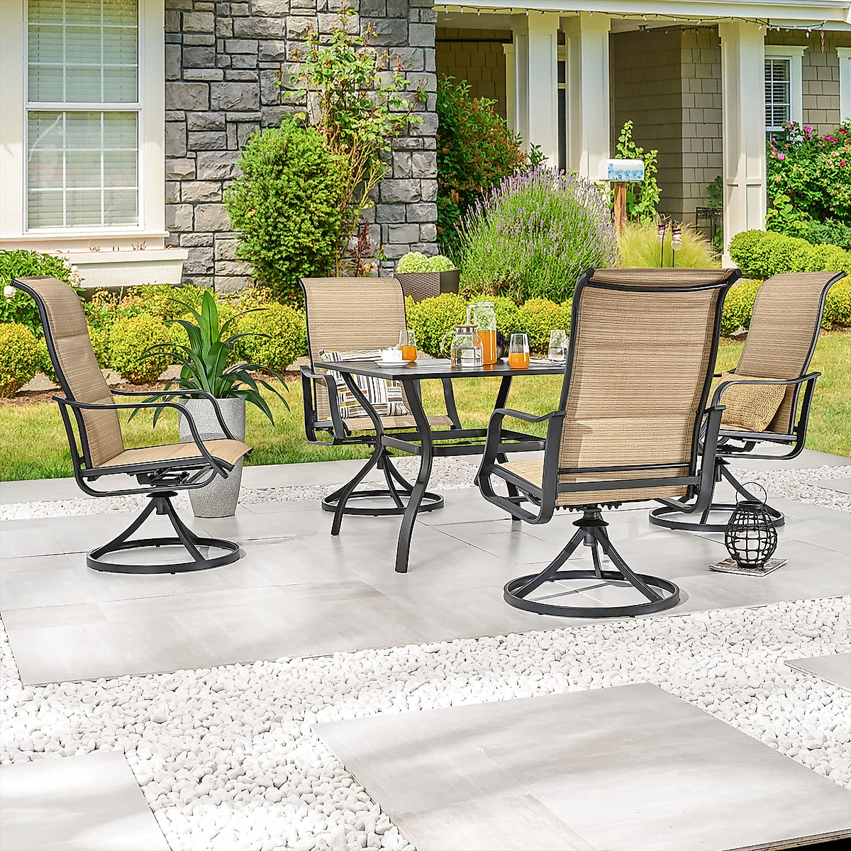 PatioFestival Patio Dining Set 5 Pieces Metal Outdoor Furniture Sets Outside Square Table Swivel Rocker Chairs with All Weather Frame (Beige)