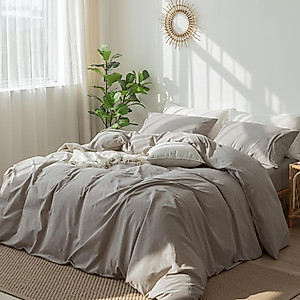 MooMee Bedding Duvet Cover Set 100% Washed Cotton Linen Like Textured Breathable Durable Soft Comfy (Brownish Grey, Queen)