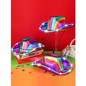 Halfchet 3 Pcs Rainbow Pride Light up LED Cowboy Hat LGBTQ Cowboy Cowgirl Hat for Gay Pride Events Pride Party Supplies