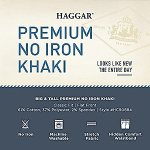 Haggar Men's Classic Fit Flat-Front Hidden Expandable Waistband Premium No Iron Khaki, 38W x 32L - Black, HC10884
