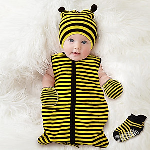 Haysandy 4 Pcs Halloween Newborn Bee Costume Blanket Baby Fleece Sleeping Sack Bee Sleeveless Swaddle Sleep Bag with Zipper(Medium)