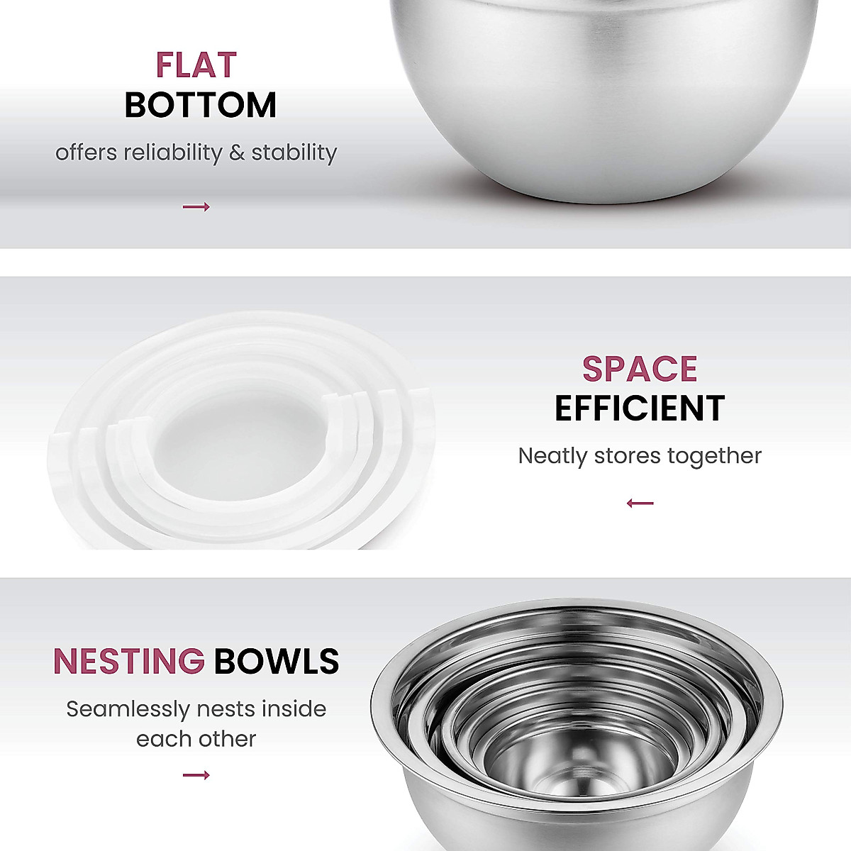 FineDine Stainless Steel Mixing Bowls Set with Lids, Home Kitchen Cooking Essentials Household Must Haves for Baking, 5 Pieces