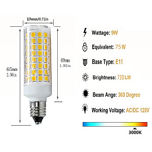 HAOGUAIS 6-Pack LED E11 Bulbs, E11 Mini Candelabra Base, Warm White 3000K 75W Halogen Equivalent, 120V 7W JD T3 T4 Corn Bulb Indoor Lighting