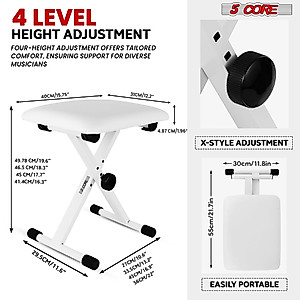 5 CORE Keyboard Bench Pair X Style Piano Stool Thick Padded 12 to 18.5 inch Adjustable Keyboards Chair White KBB02WH
